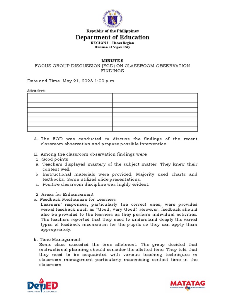Objective 8 - Minutes On Focus Group Discussion | PDF | Learning | Teachers