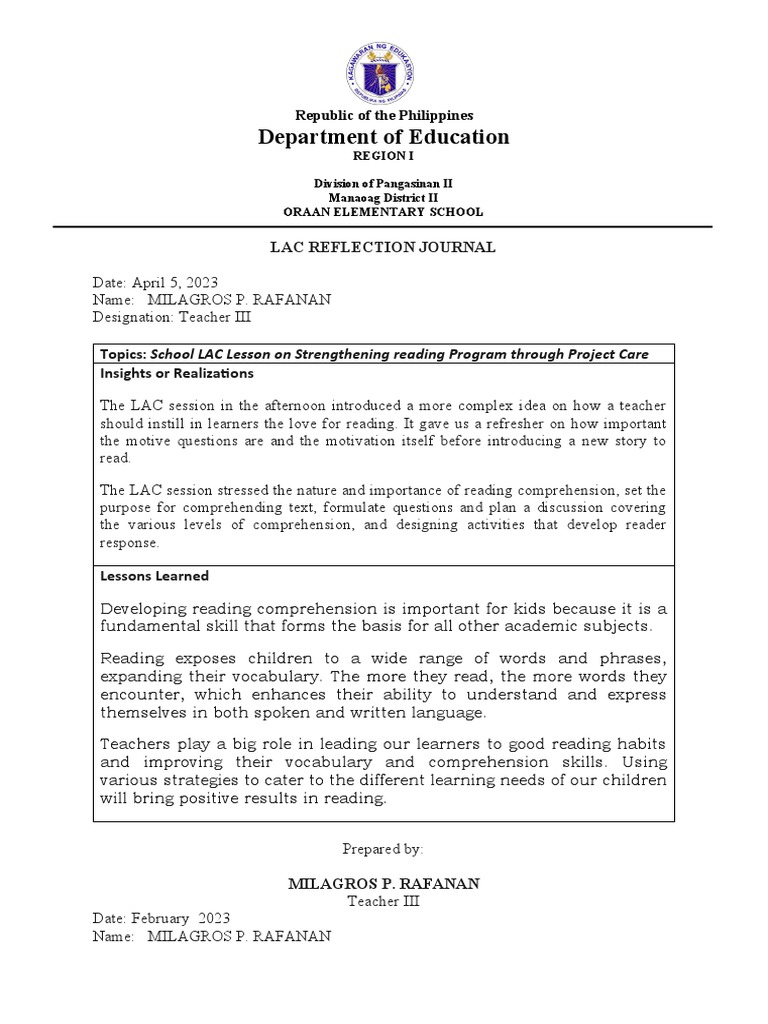 Lac Reflection Journal | PDF | Reading Comprehension | Learning