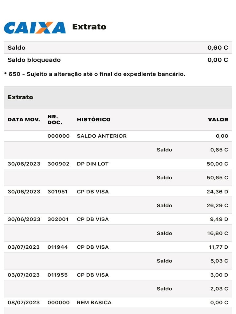 Extrato: Saldo 0,60 C Saldo Bloqueado 0,00 C | PDF