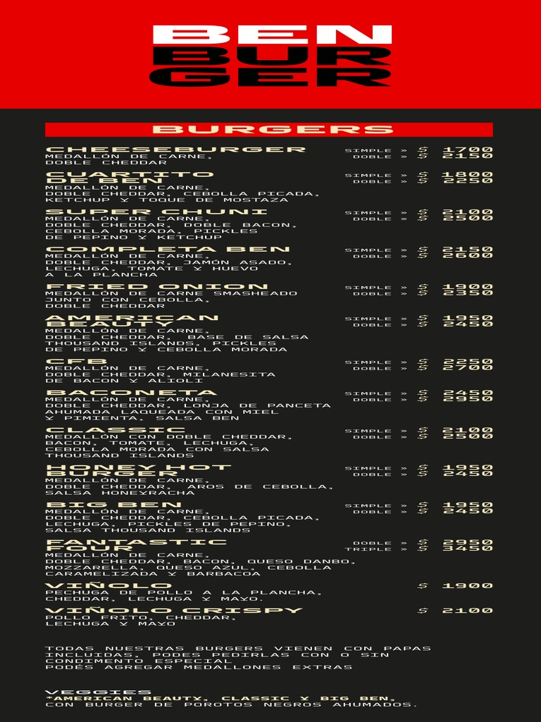 Menu Benburger Delivery | PDF | Comida y bebida | Ingredientes de comida