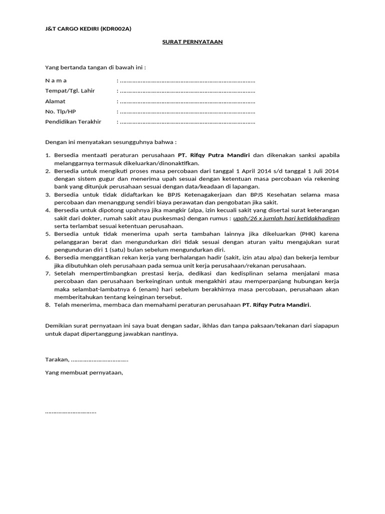 Surat Pernyataan Masa Percobaan | PDF