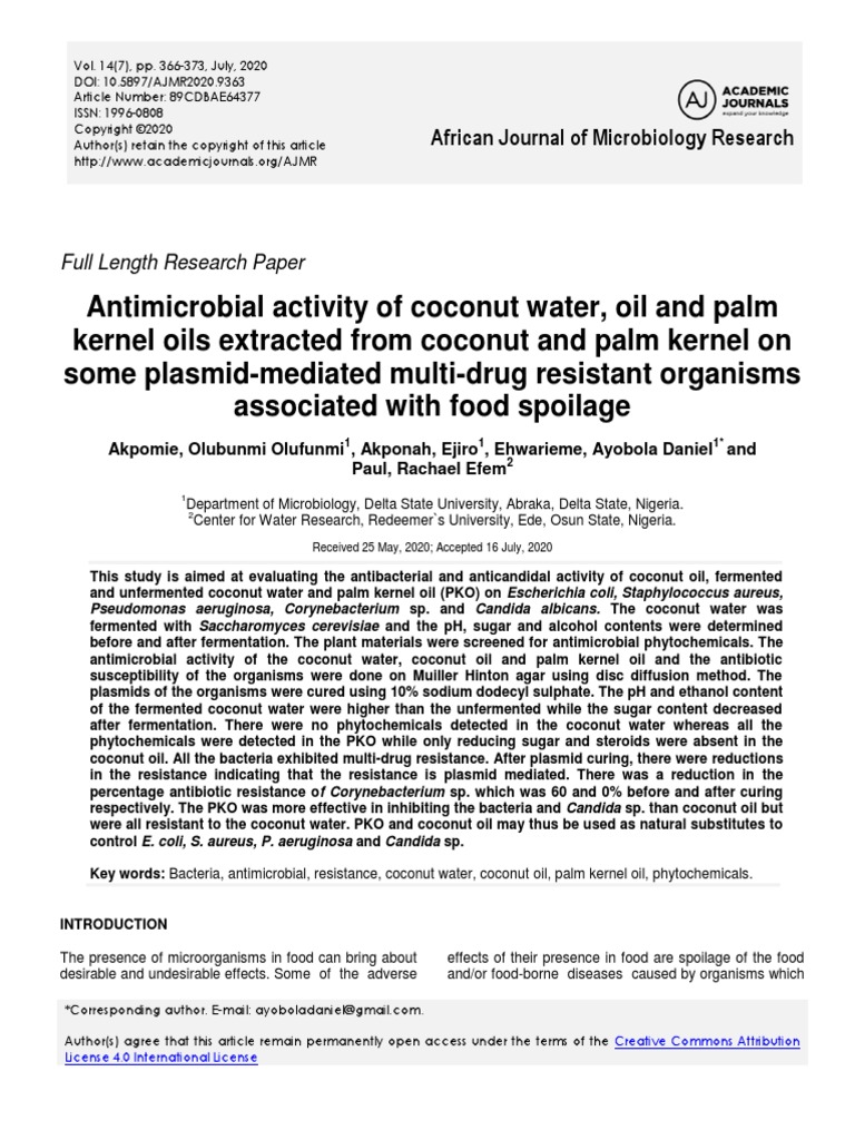 Antimicrobial Activity of Coconut Water, Oil and Palm Kernel Oils ...