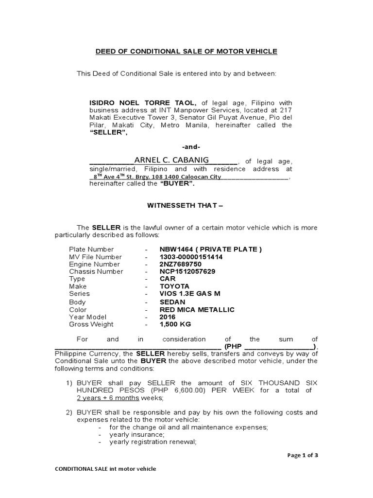Deed of Conditional Sale of Motor Vehicle | PDF | Transport | Vehicles