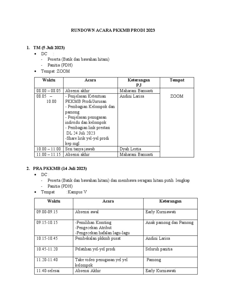 Rundown Acara PKKMB Prodi 2023 | PDF