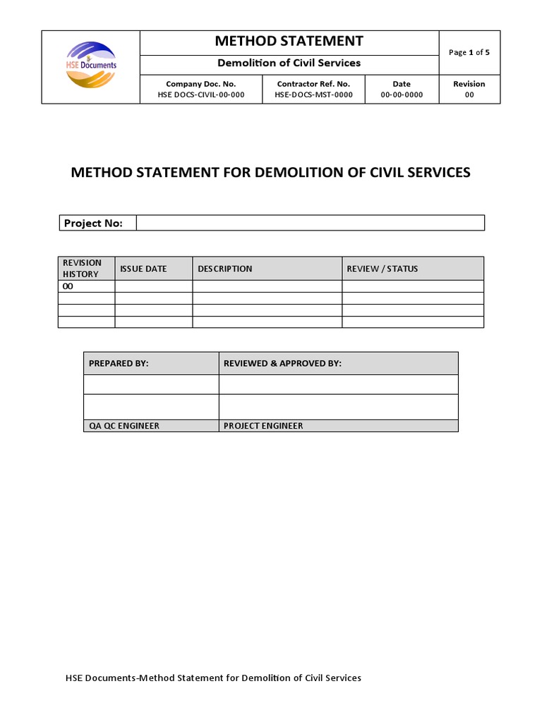 HSE Documents-Method Statement For Demolition of Civil Services | PDF ...