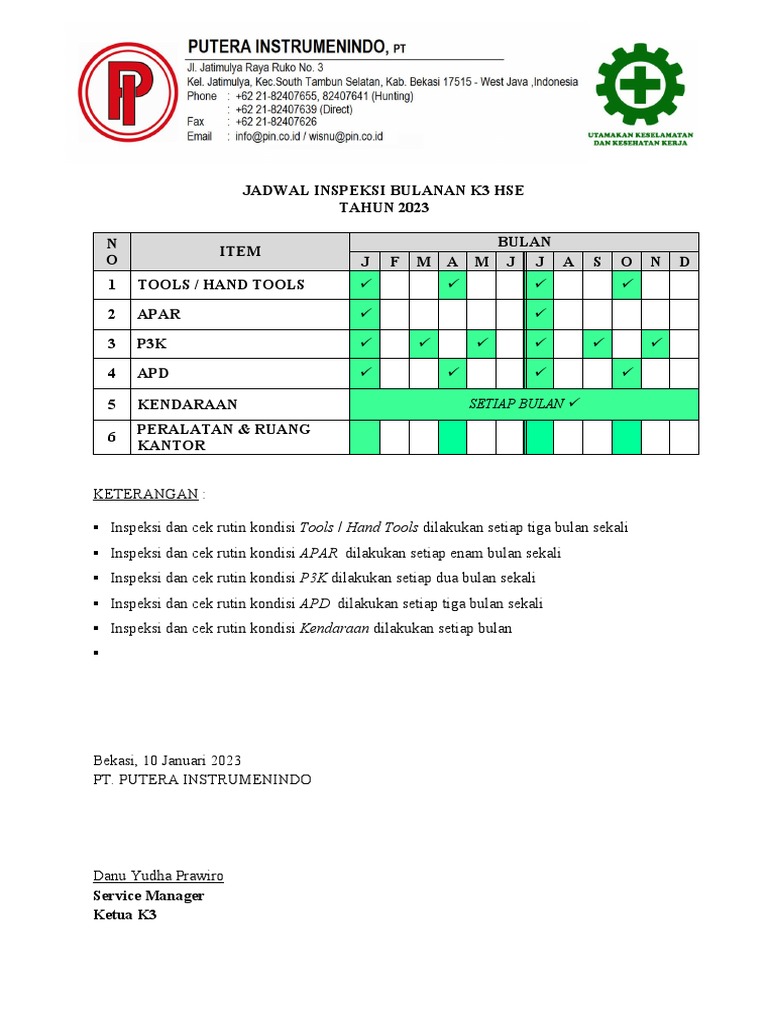 3.B Jadwal Inspeksi Bulanan K3 HSE | PDF