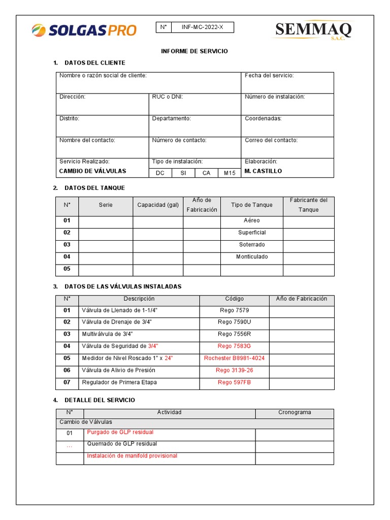 Informe de Servicio 1. Datos Del Cliente: 3/4" Rego 7583G 24" Rochester ...