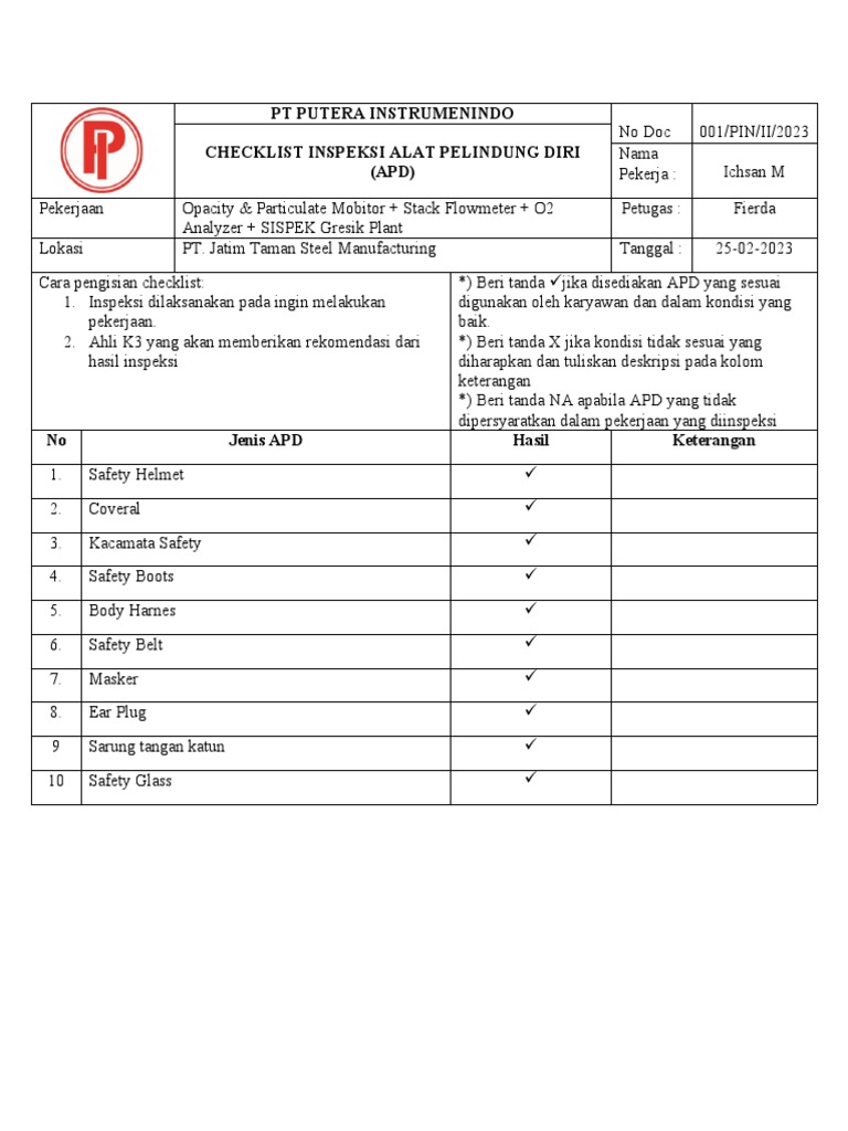9.A Checklist APD Dalam Melaksanakan Pekerjaan | PDF