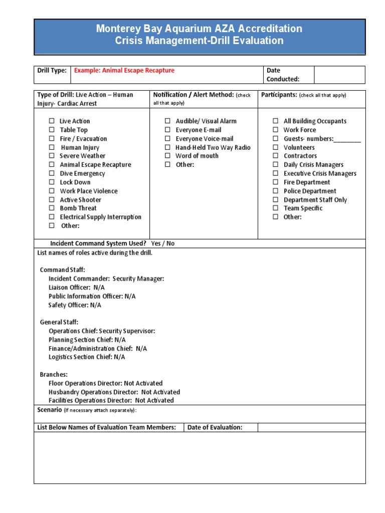 AZA-Drill-Evaluation-Blank-2014 | PDF | Crisis Management | Safety