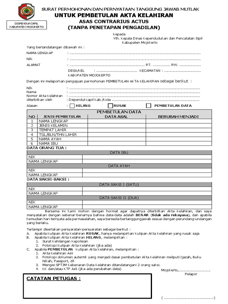 FORMULIR PEMBETULAN AKTA (Tanpa Sidang Pengadilan) | PDF | Ilmu Sosial