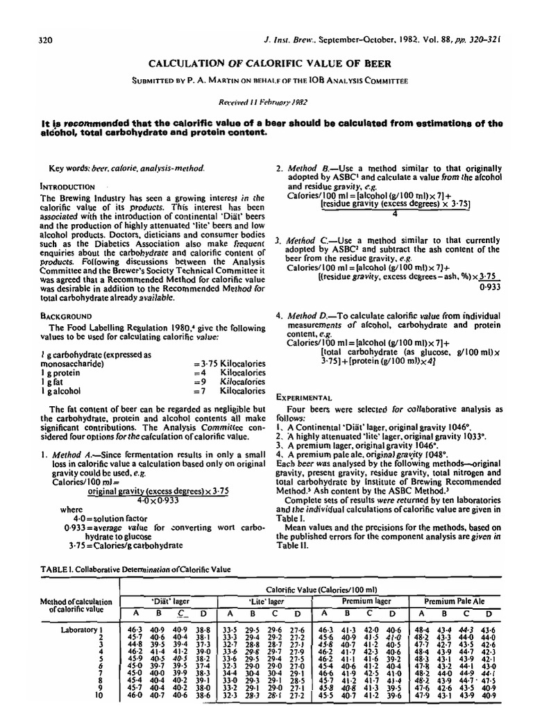 Calculation of Calorific Value of Beer | PDF | Calorie | Beer