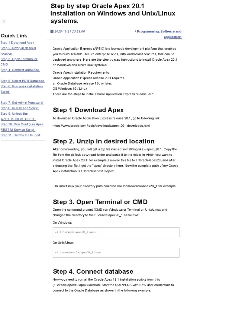 Step by Step Oracle Apex 20.1 Installation On Windows and Unix - Linux Systems | PDF | Databases ...