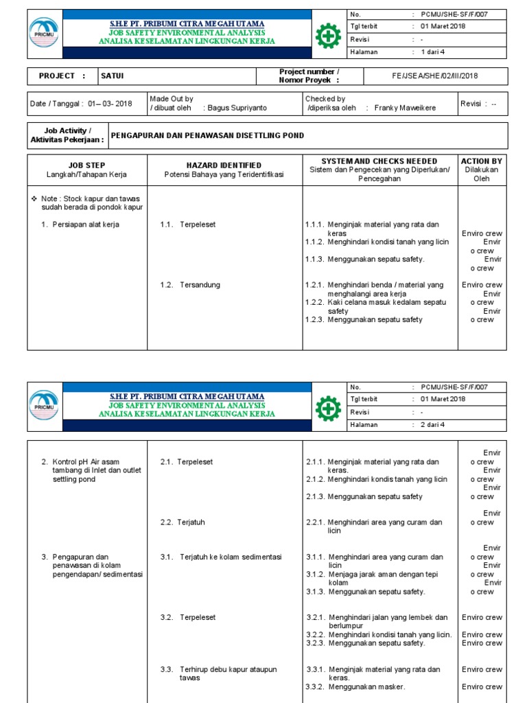 01 - PCMU-SHE-ENV-P-002 - JSEA Pengapuran Dan Penawasan | PDF