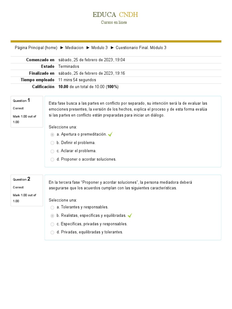 Cuestionario Final. Módulo 3 | PDF | Mediación