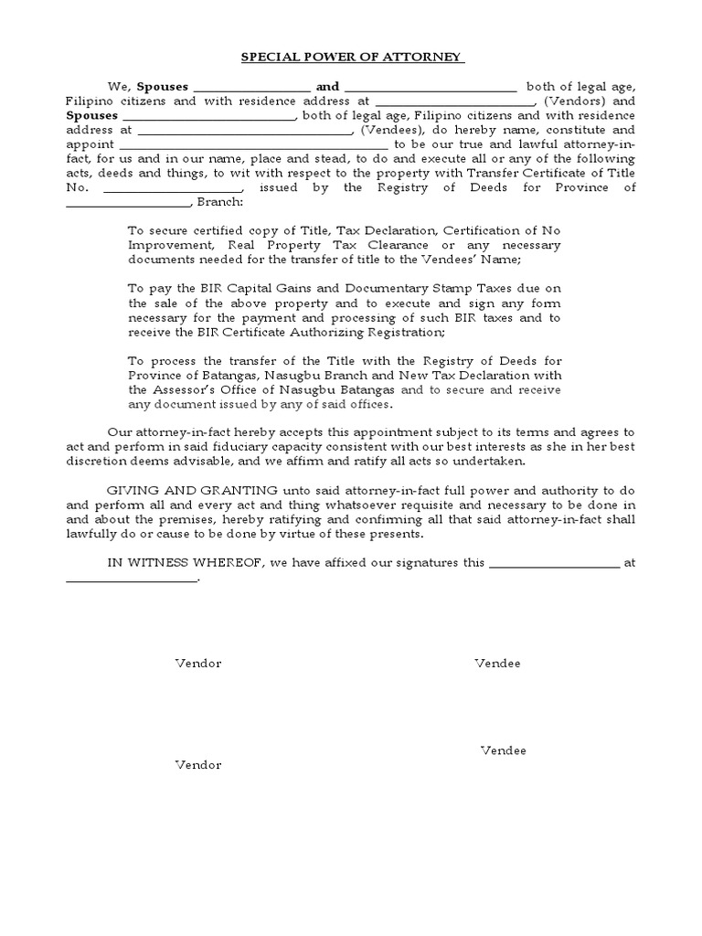 5 - Spa To Transact Sample | PDF | Power Of Attorney | Taxes