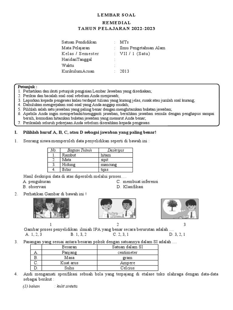 Soal Remedial Ipa Kelas 7 2022-2023 | PDF