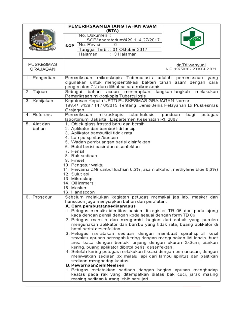 Pemeriksaan Batang Tahan Asam (BTA) | PDF