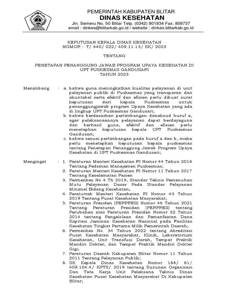 022 SK Revisi 3 Penetapan Penanggung Jawab Program Upaya Kesehatan | PDF