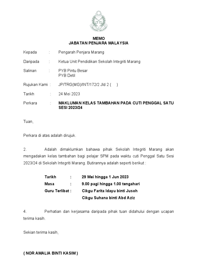 Memo Kelas Tambahan 2023 Pdf
