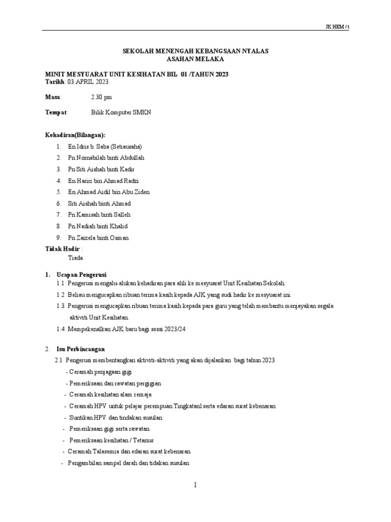 Minit Mesyuarat Kesihatan Kali 1 2023 | PDF