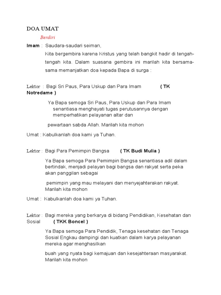 DOA UMAT PASKAH TK - MPK | PDF