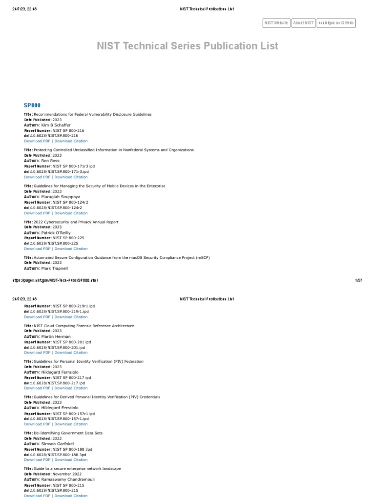 NIST Technical Publications List | PDF | National Institute Of ...