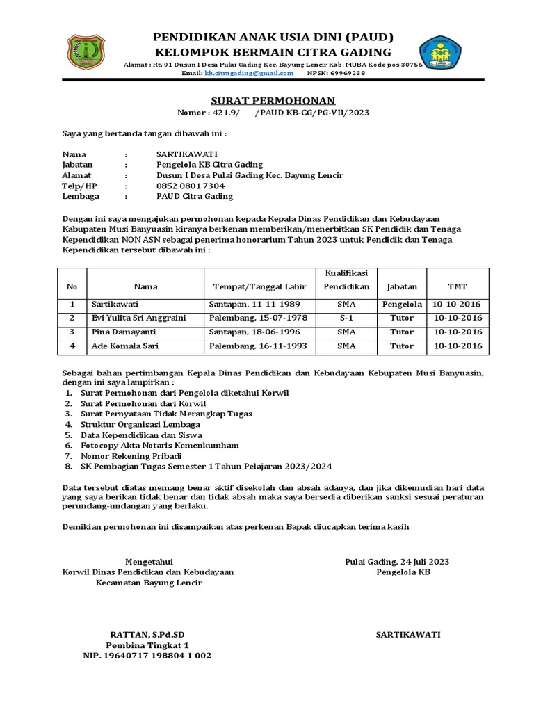 07 Surat Permohonan Penerbitan SK Guru Dari Lembaga | PDF