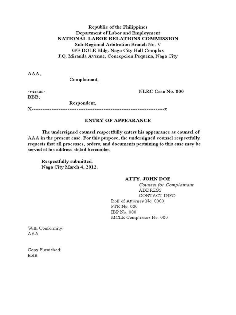 NLRC Entry of Appearance Template | PDF