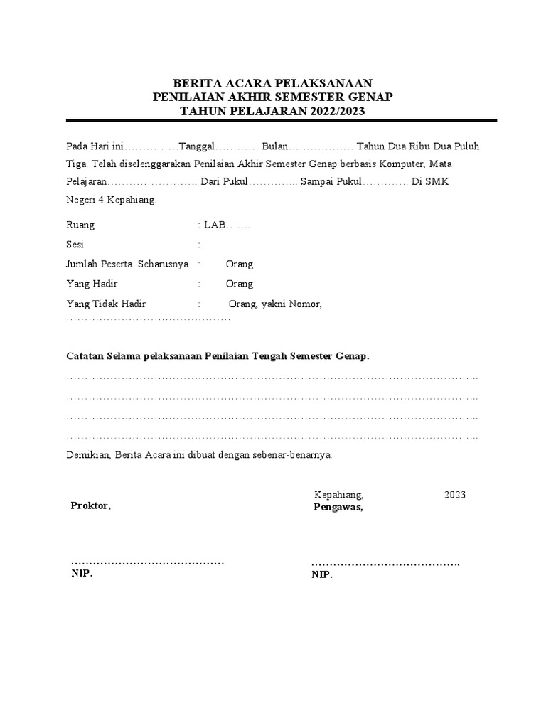 Berita Acara Pelaksanaan Pas 2023 | PDF
