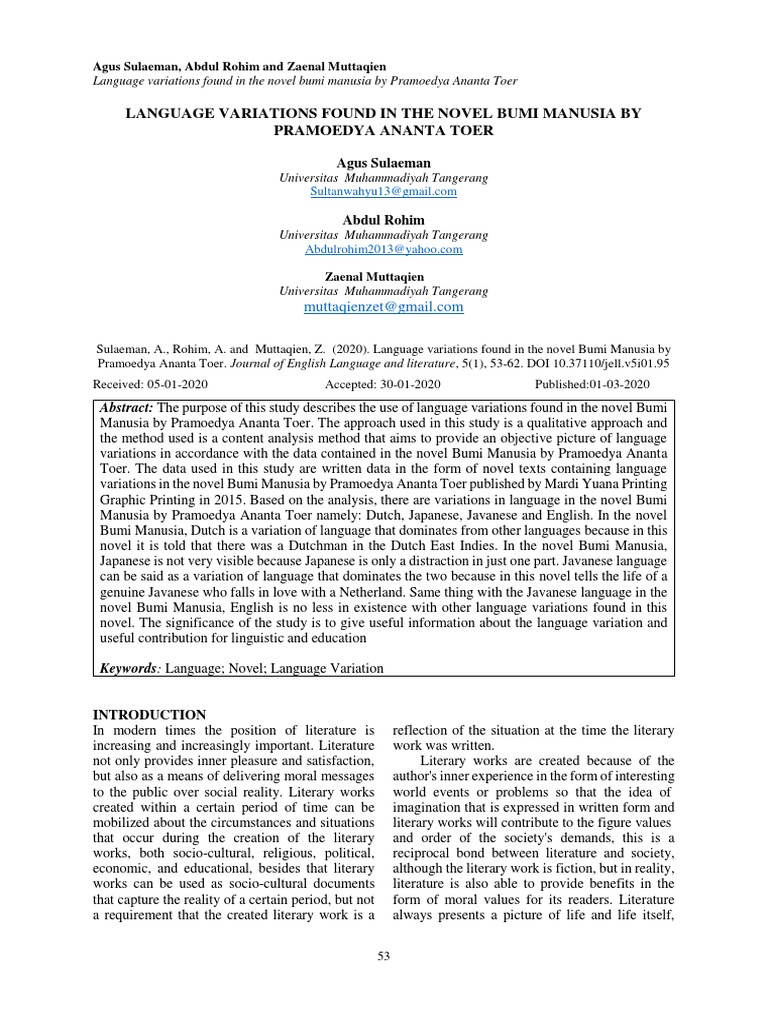 Artikel Language Variations Found in The Novel Bumi Manusia by Pramoedya Ananta Toer | PDF ...