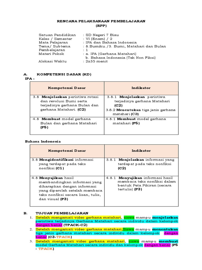 Rencana Pelaksanaan Pembelajaran (RPP) : Tpack | PDF