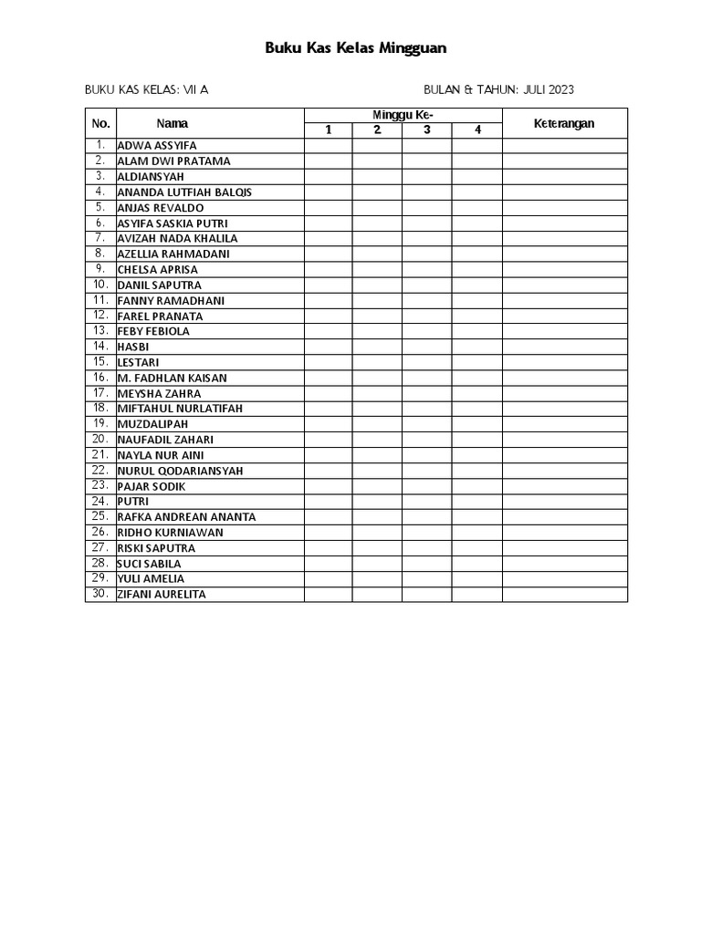 Buku Kas Kelas Mingguan: No. Nama Minggu Ke-Keterangan 1 2 3 4 | PDF