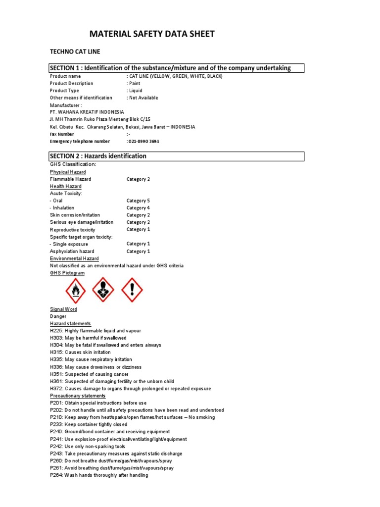 Techno Cat Line - MSDS | PDF | Dangerous Goods | Toxicity