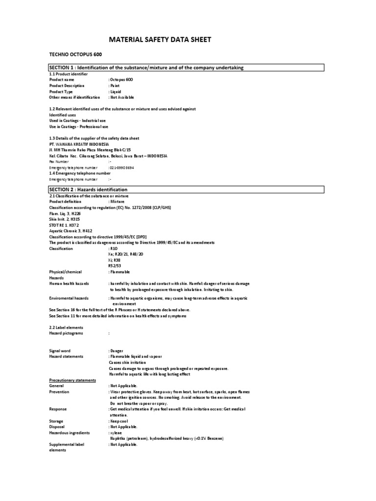 Octopus 600 - MSDS | PDF | Working Conditions | Chemical Substances