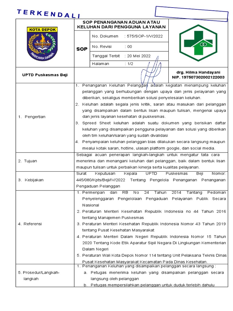 575 Sop Penanganan Aduan Atau Keluhan Dari Pengguna Layanan | PDF | Karier & Perkembangan | Bisnis
