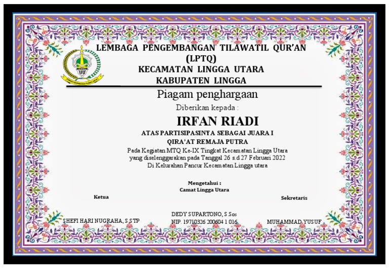 Piagam MTQ 2022 | PDF