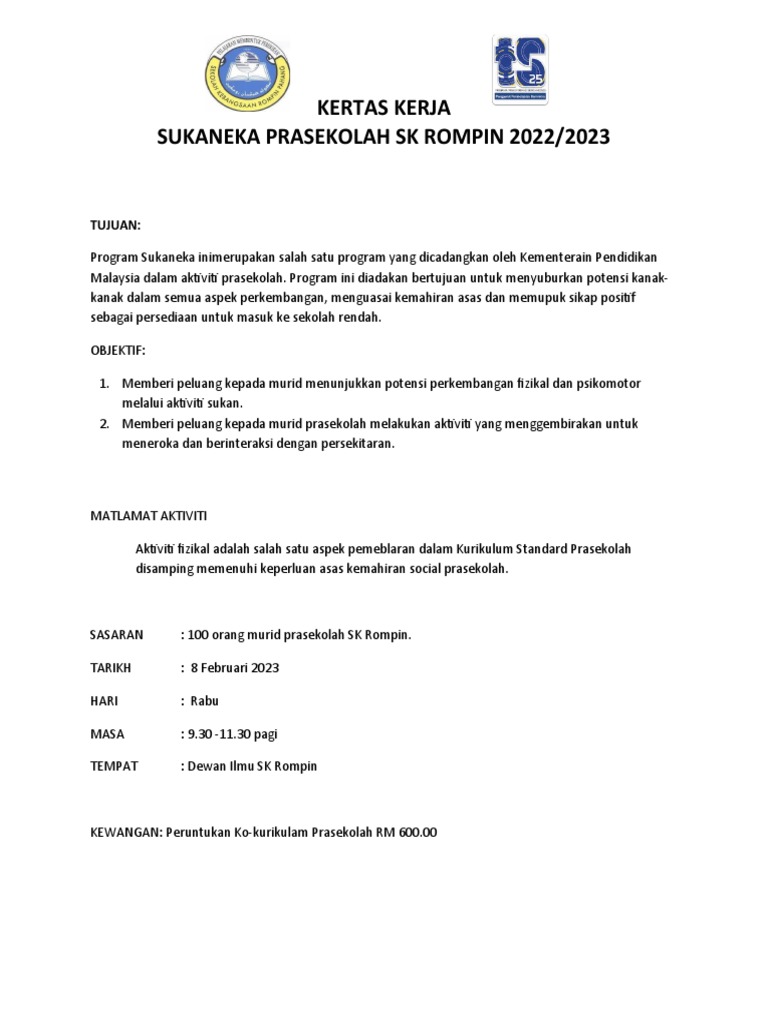 Kertas Kerja Hari Sukaneka Prasekolah SK Rompin 22 | PDF