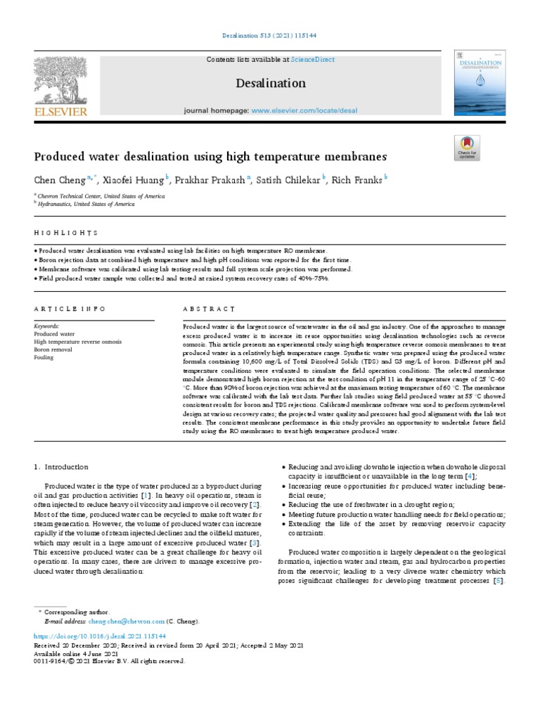 Produced Water Desalination Using High Temperature Membranes | PDF | Membrane | Water