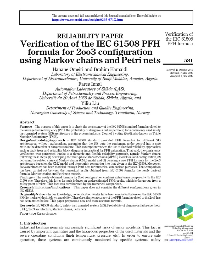 Verification of The IEC 61508 PFH Formula For 2oo3 Configuration Using Markov Chains and Petri ...