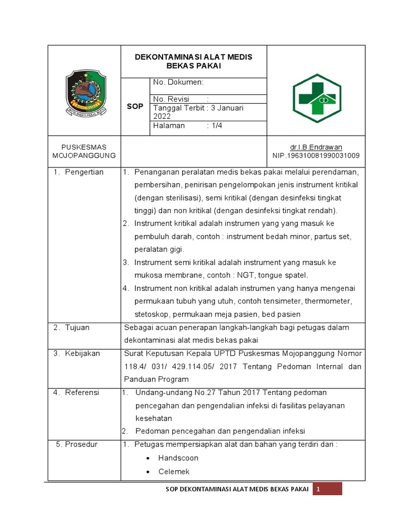 Sop Dekontaminasi Alat Medis Bekas Pakai | PDF