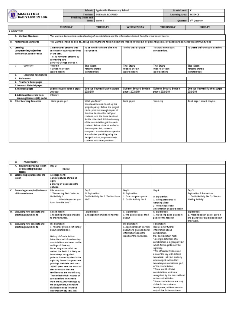 Grade 5 DLL SCIENCE 5 Q4 Week 9 | PDF | Constellation | Stars