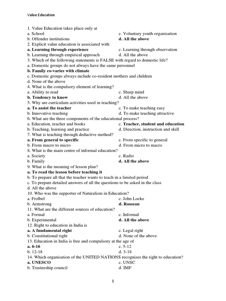 Value Education MCQs and Answers | PDF | Psychology | Socialization