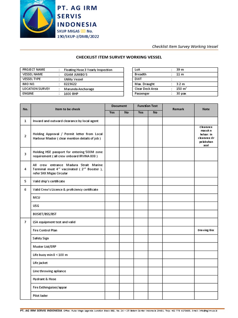 Checklist Item Survey Working Vessel | PDF | Freight Transport | Transport