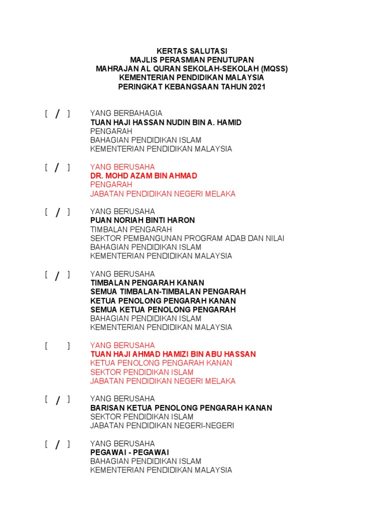 Salutasi Majlis Perasmian Penutupan MQSS 2021 | PDF