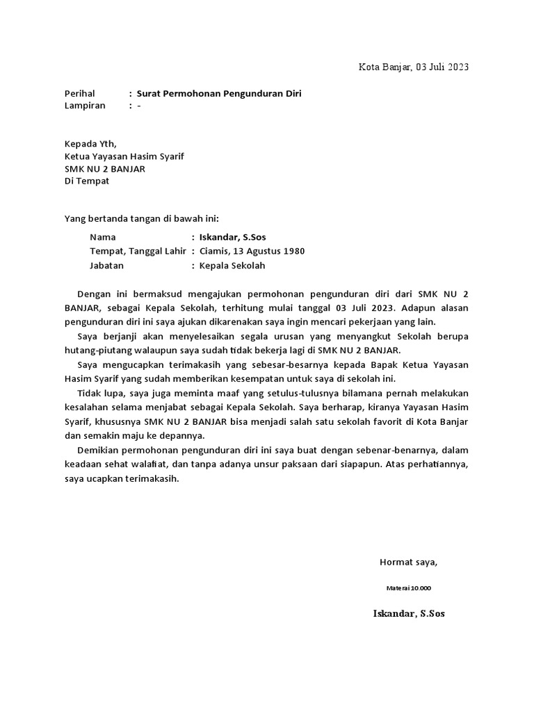 Surat Resign Kepala Sekolah | PDF