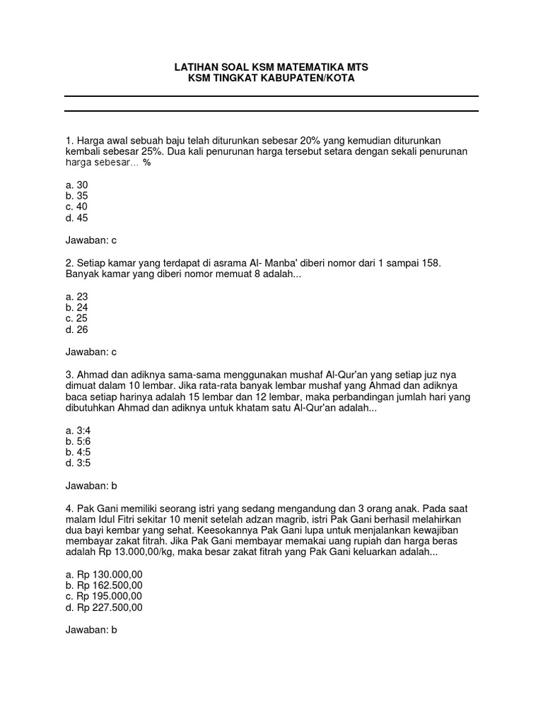 Latihan Soal KSM Matematika MTS 2023 | PDF