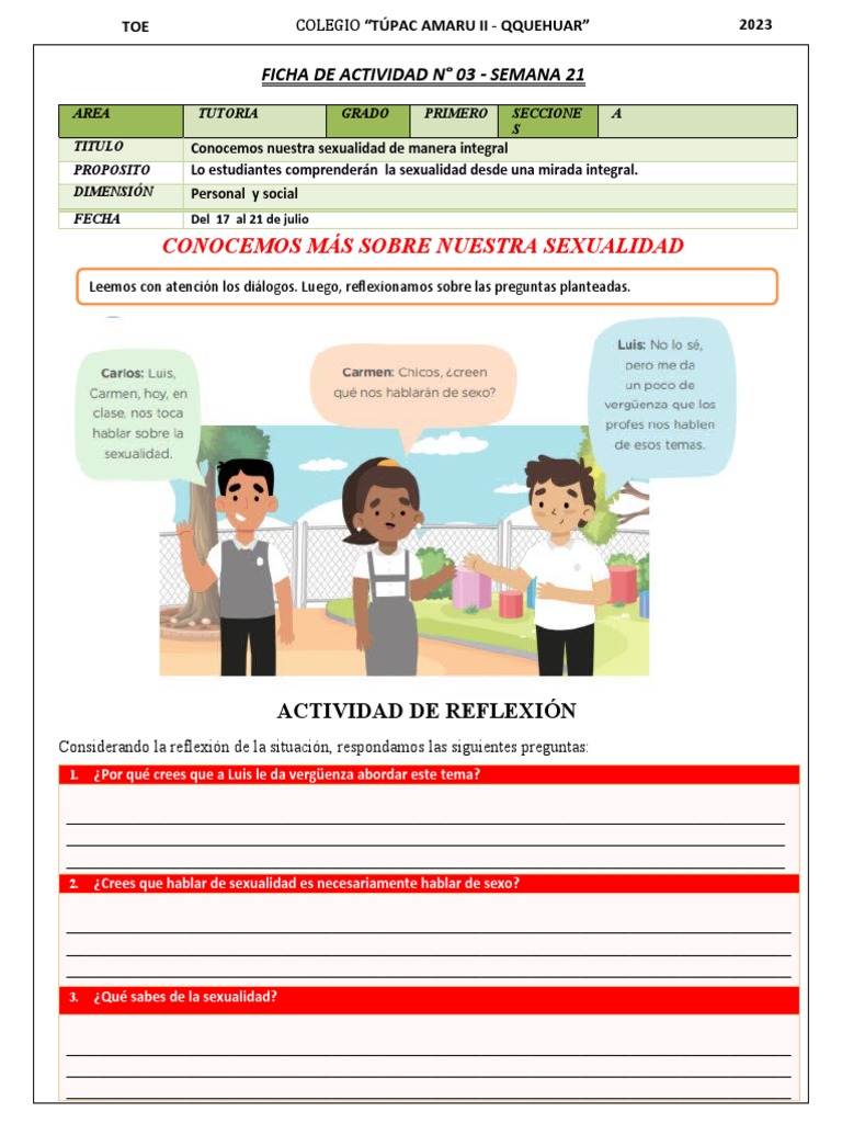Ficha De Actividad 03 Semana 21 Pdf La Sexualidad Humana