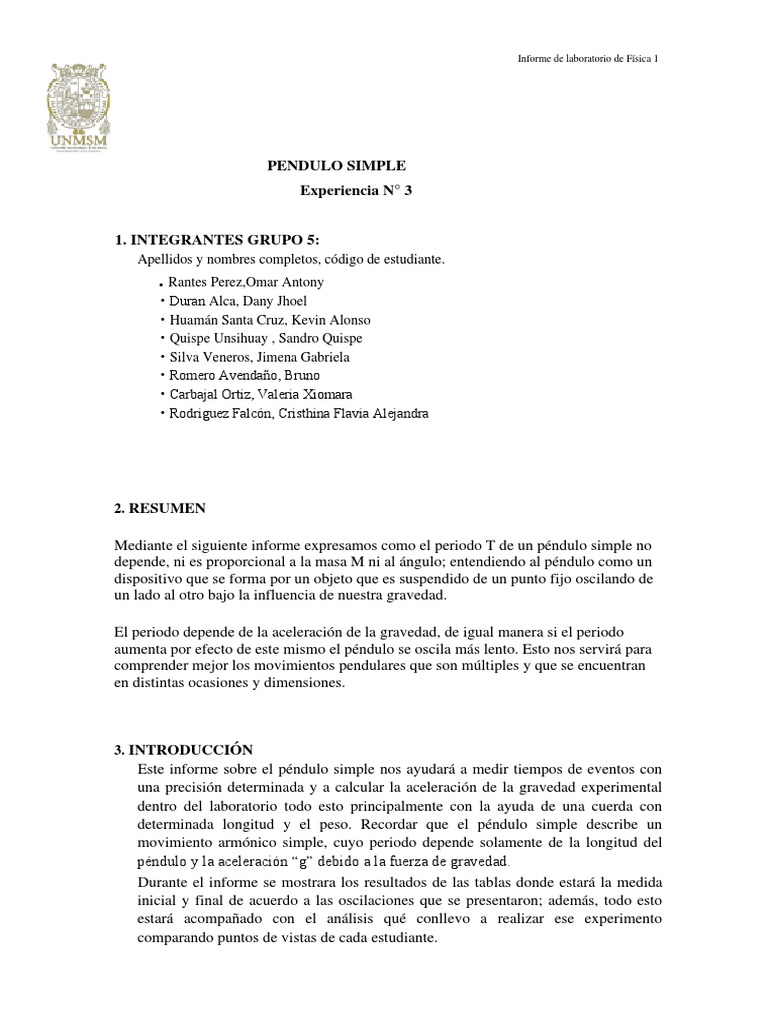 Informe N°3 Pendulo Simple Grupo 5 | PDF | Péndulo | Oscilación