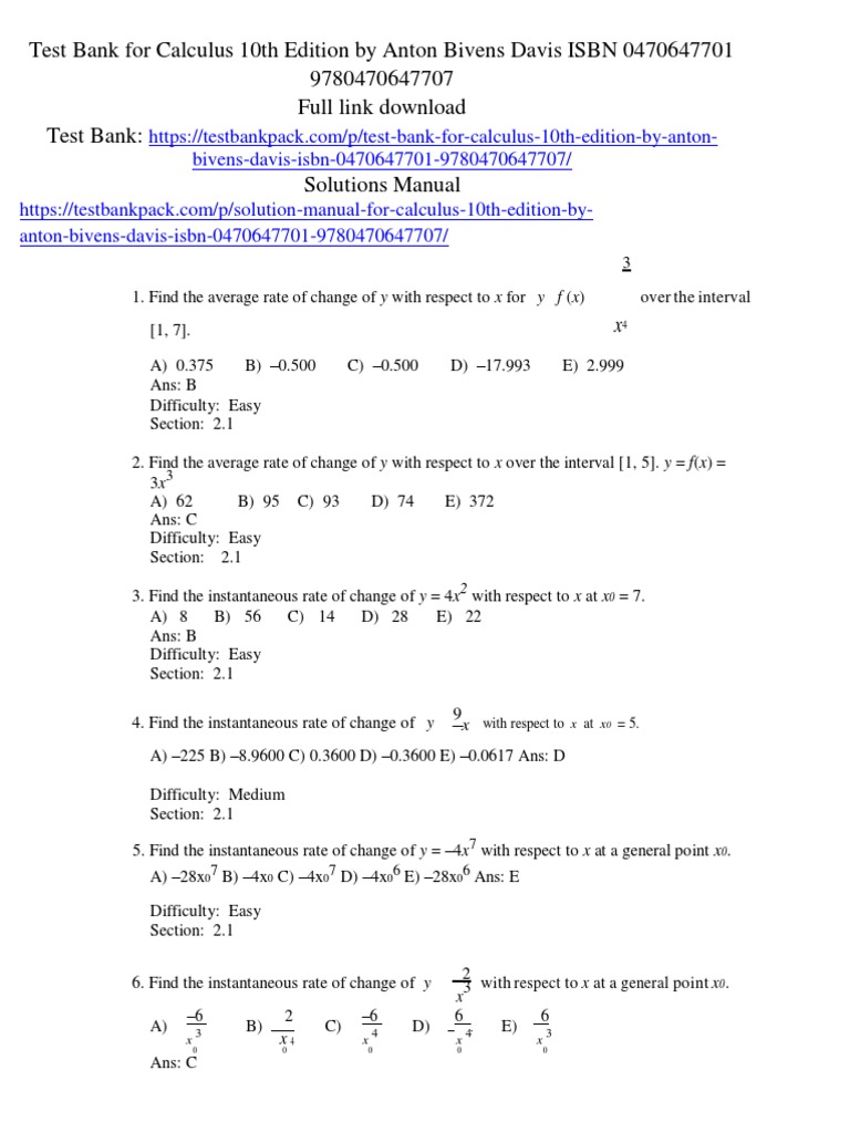 Calculus 10th Edition by Anton Bivens Davis ISBN Test Bank | PDF ...