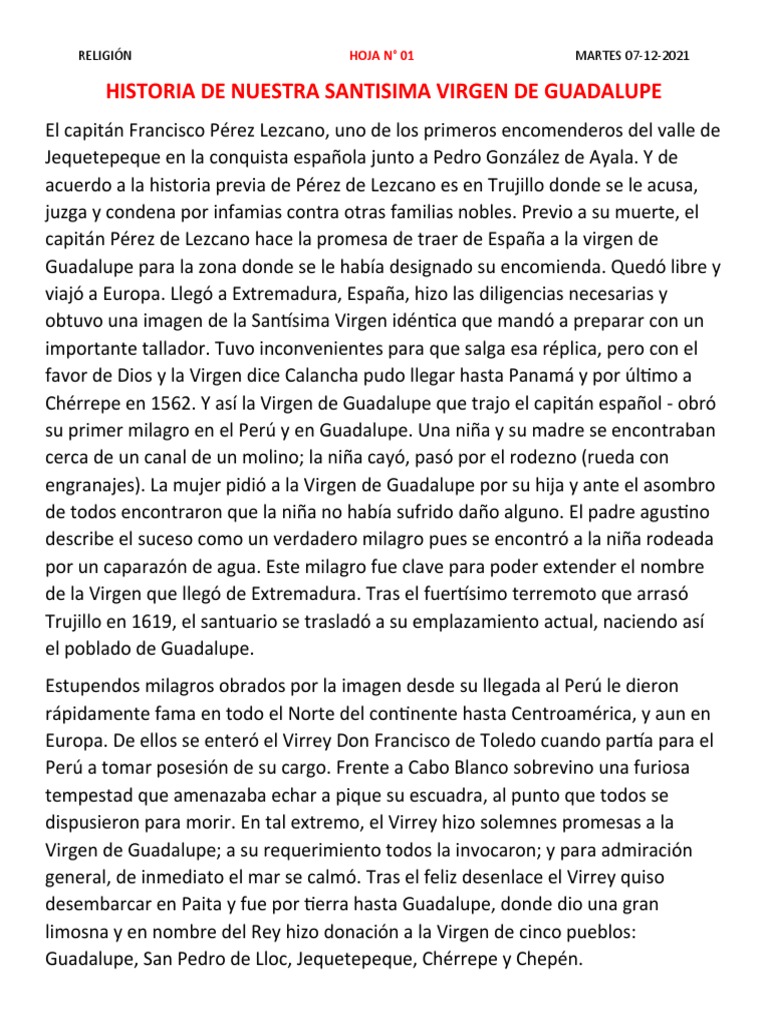 Historia de La Virgen de Guadalupe | PDF | Ciencias sociales